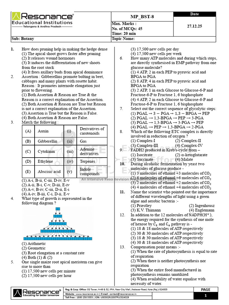 MP_BOTANY BST-8-27.12.2025-key | PDF | Dominance (Genetics) | Dna