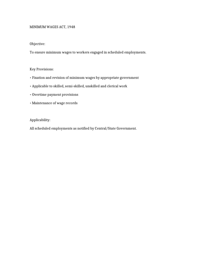 Minimum Wages Act 1948 Overview | PDF