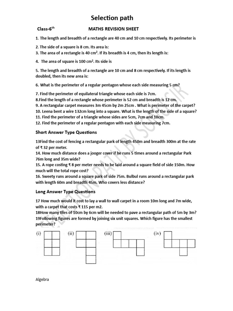 Revision Sheet Maths Class 6th | PDF | Length | Area