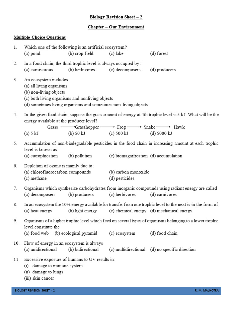 Our Environment Revision Worksheet | PDF | Ecosystem | Food Web