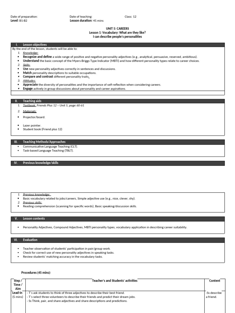 Career Personality Adjectives Lesson | PDF | Language Education ...
