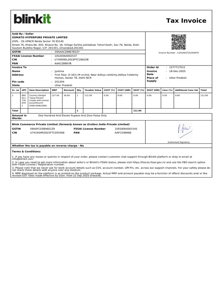 Detailed Tax Invoices from Blinkit | PDF | Taxation | Payments