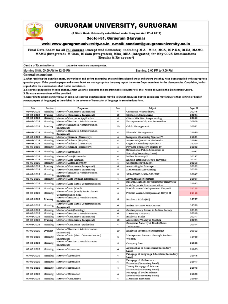 Final Date Sheet For All PG Courses (Except 2nd Semester) - May 2025 ...