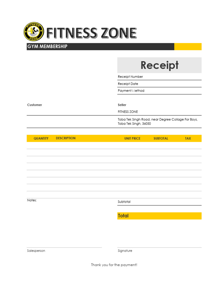 Gym Membership Receipt Template | PDF