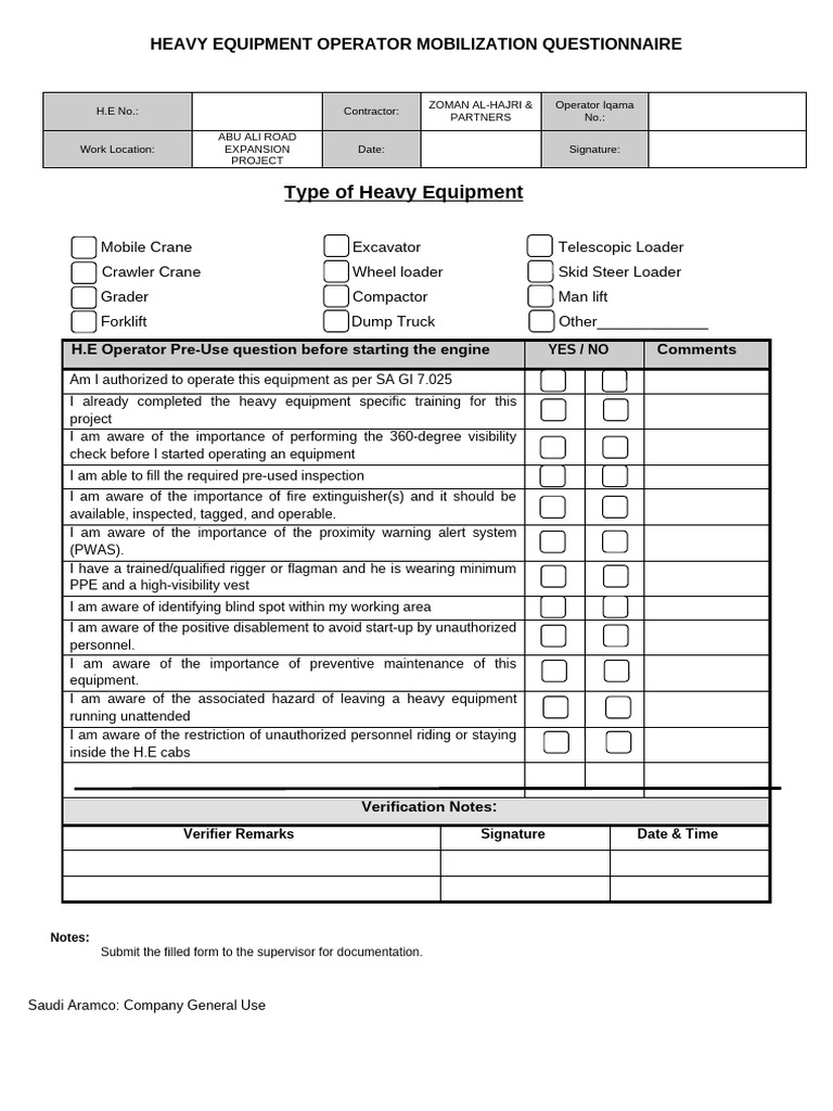 Heavy Equipment Operator Mobilization Questionnaire | PDF | Heavy ...