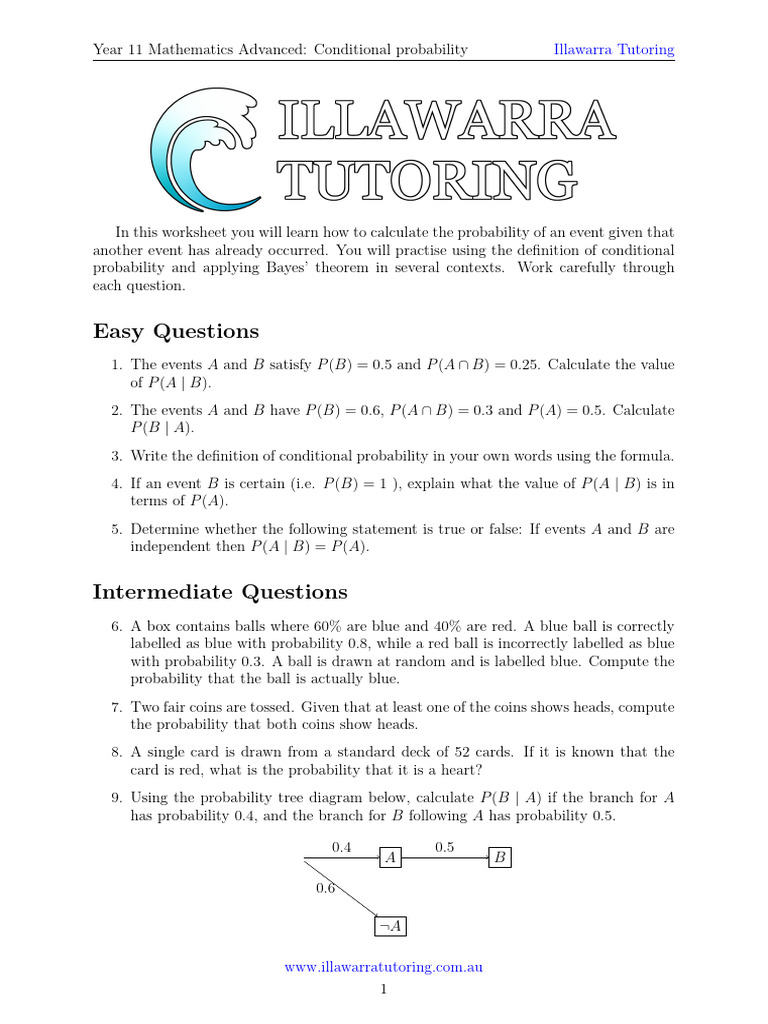 Year 11 Conditional Probability Worksheet | PDF | Probability | Mathematics