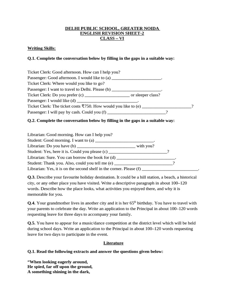 Class 6 HY Revision WS-2 | PDF