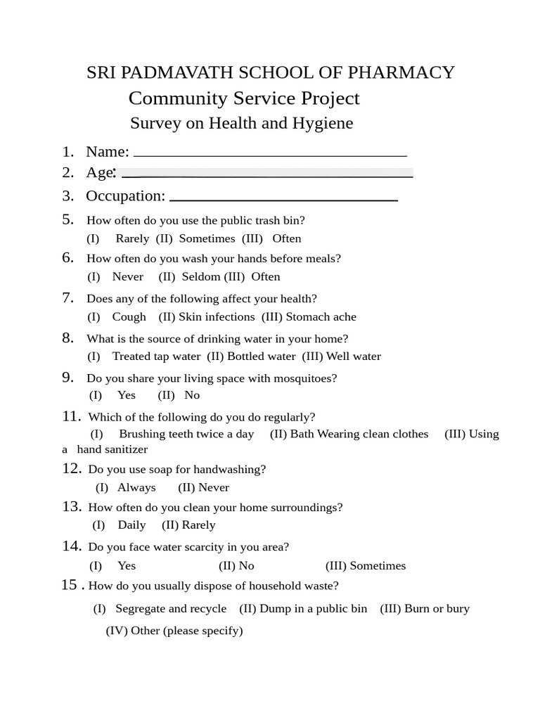 Health and Hygiene Survey Form Printable | PDF