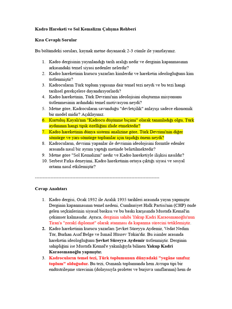 _Kadro Hareketi Ve Sol Kemalizm Çalışma Rehberi Kopyası.docx | PDF