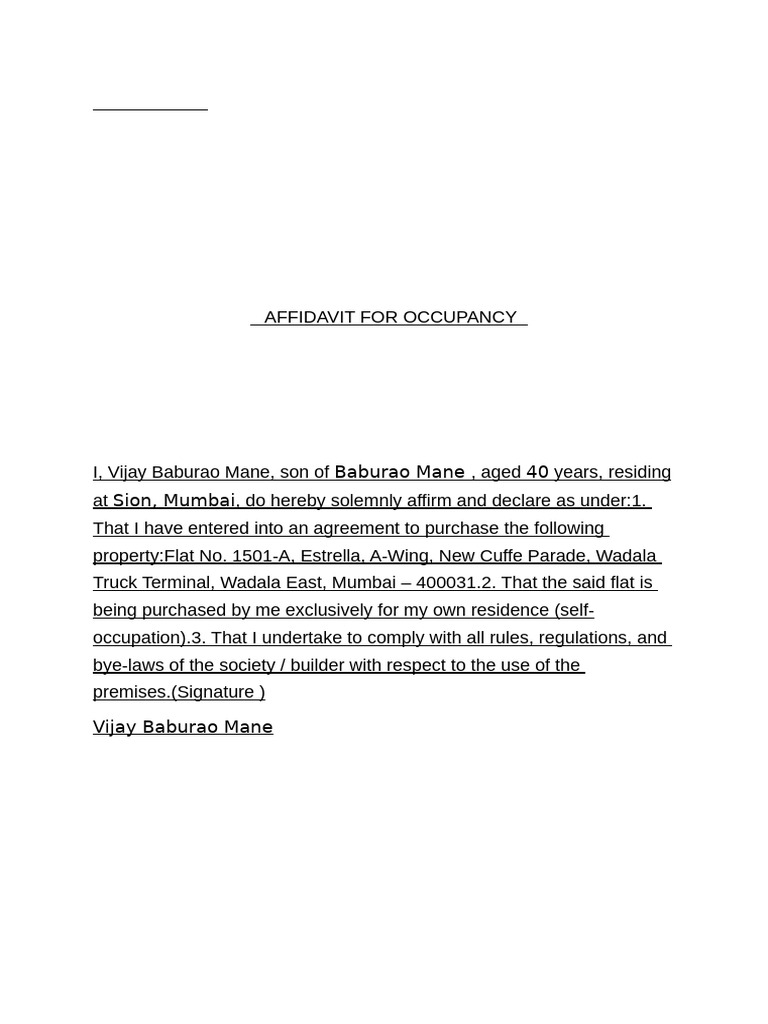 Affidavit for Property Occupancy | PDF