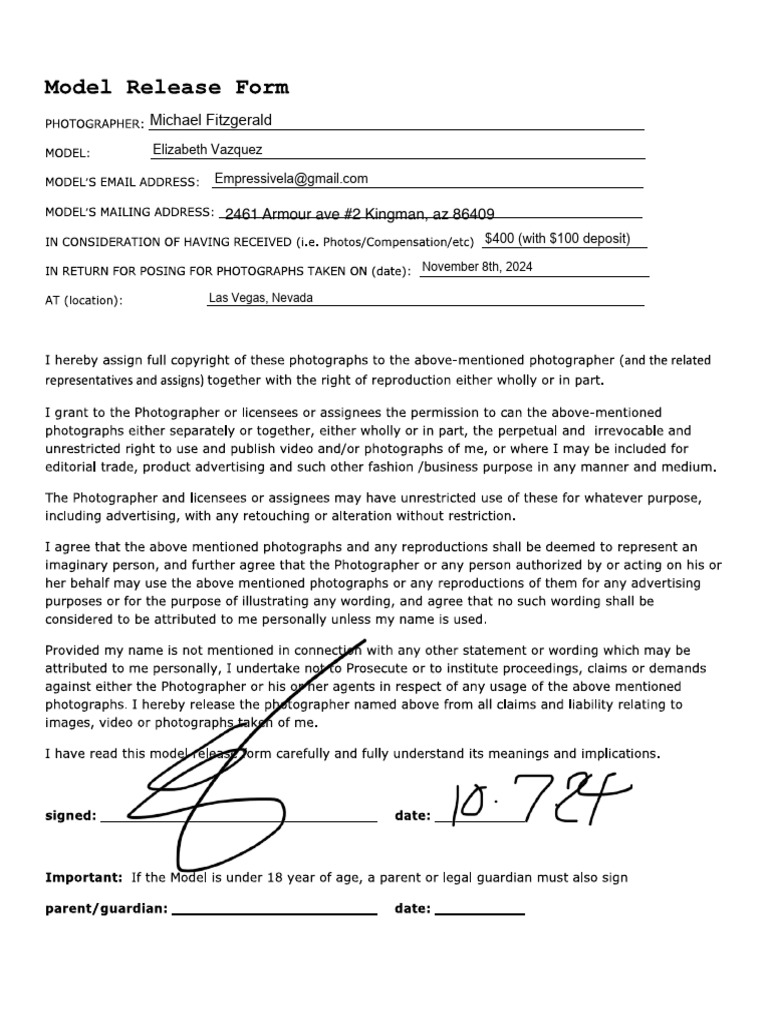 Elizabeth Vazquez Model Release Form | PDF
