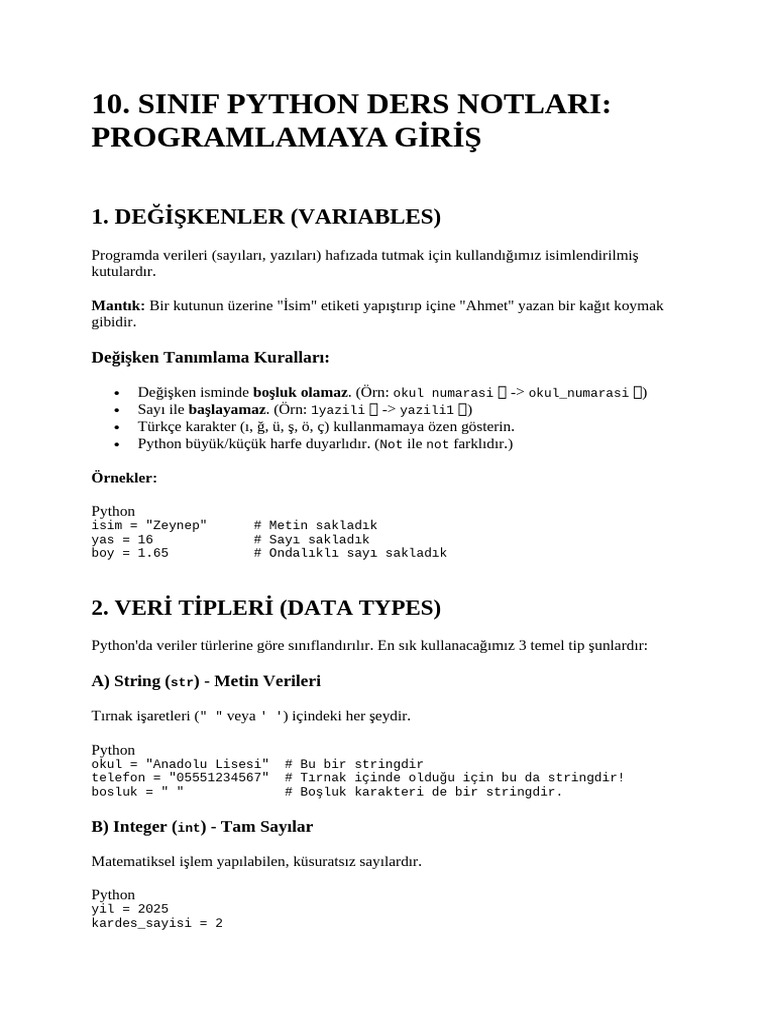 10.Sınıf Python Ders Notları-1 | PDF