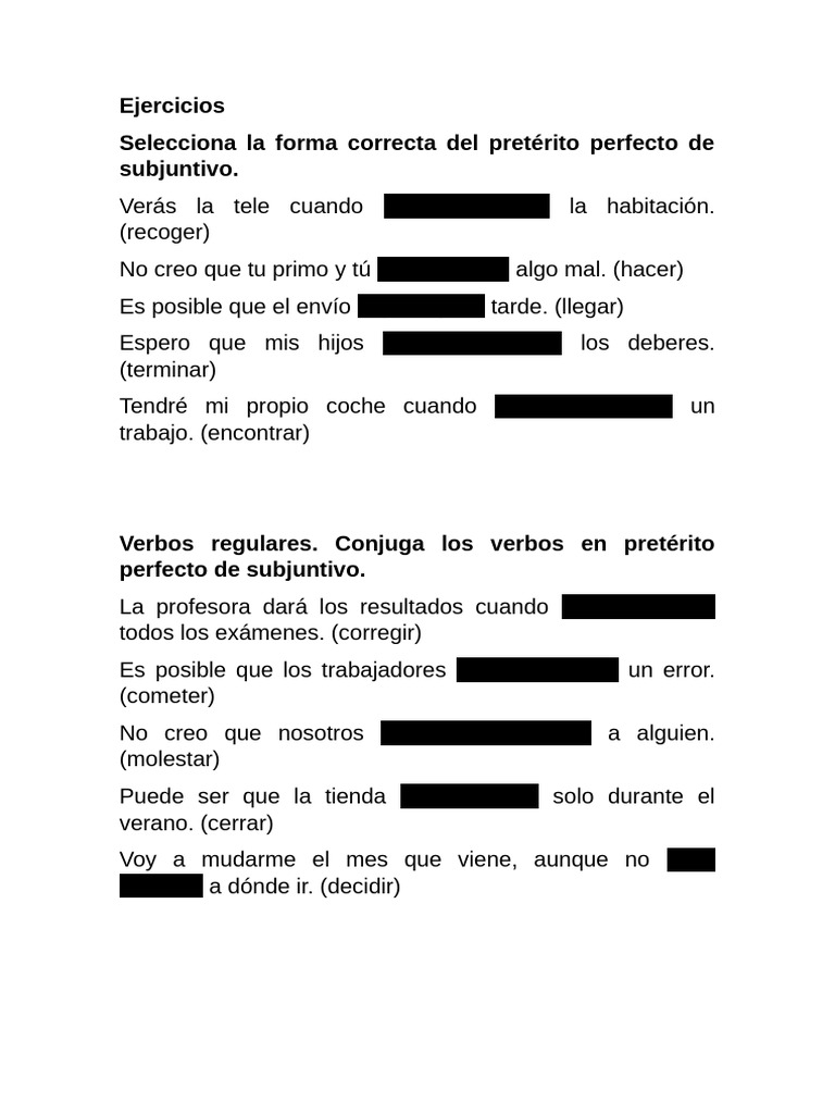 Ejercicios de pretérito perfecto subjuntivo | PDF