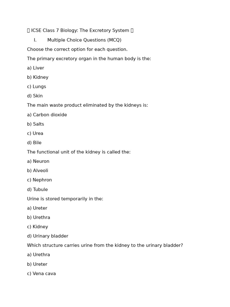 ICSE Class 7 Biology: Excretory System MCQs | PDF | Kidney | Urinary System