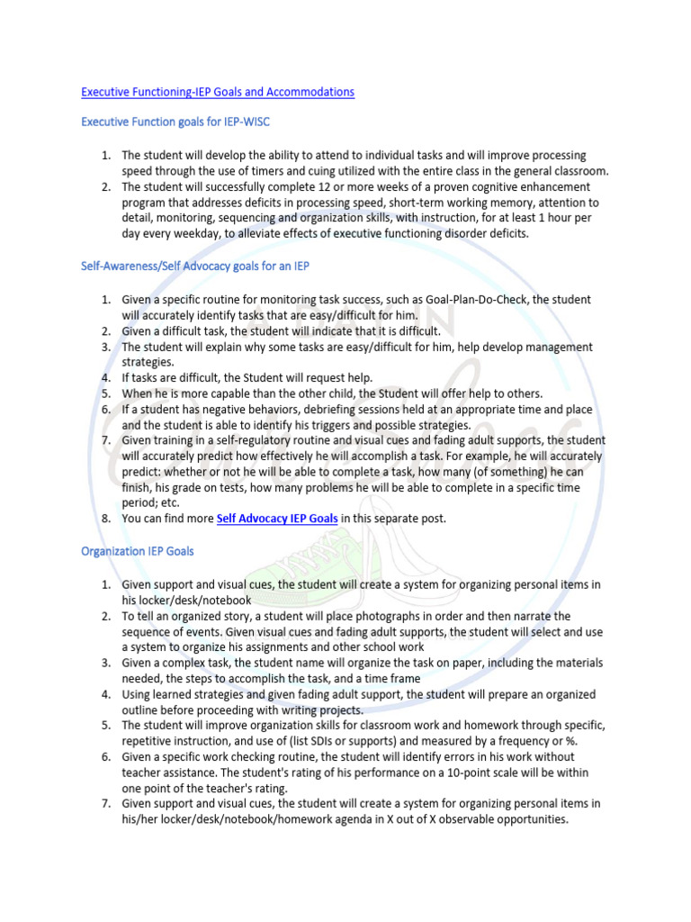 Executive Functioning IEP Goals & Supports | PDF | Individualized ...