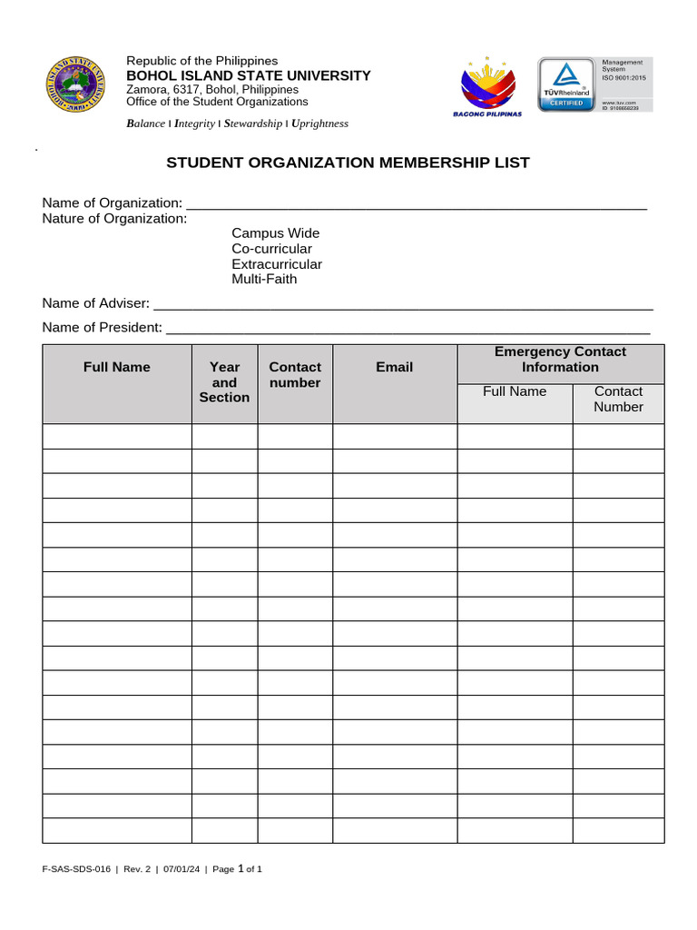 Bohol State University Org Membership List | PDF