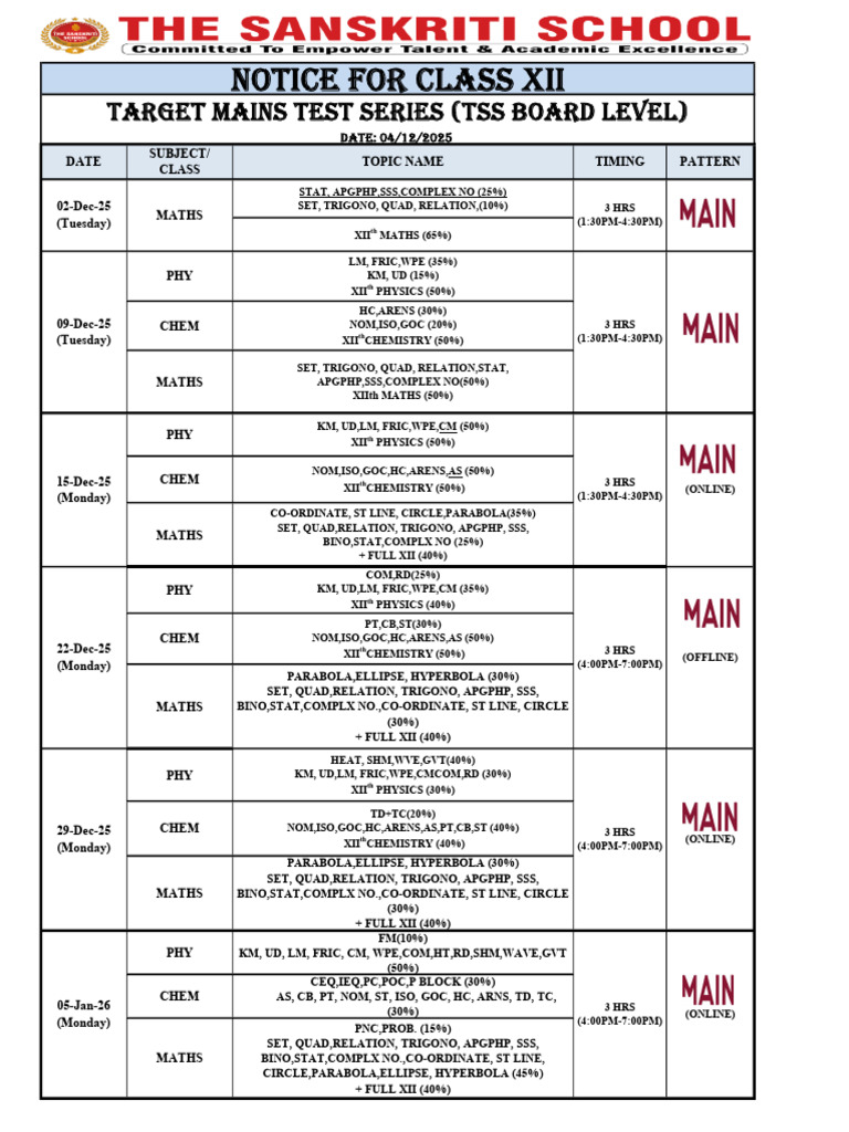 TSS NOTICE LAKSHYA TEST SERIES BOARD LEVEAL 5 DEC 2025 | PDF ...