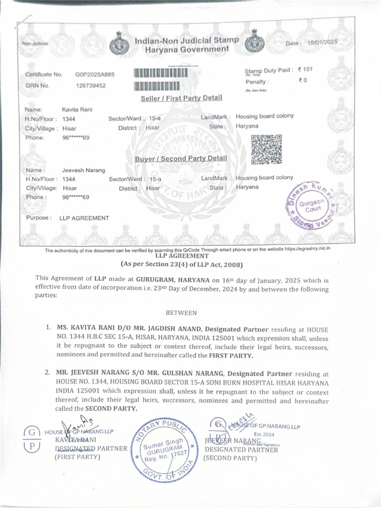 House of GP Narang LLP Deed-Compressed | PDF