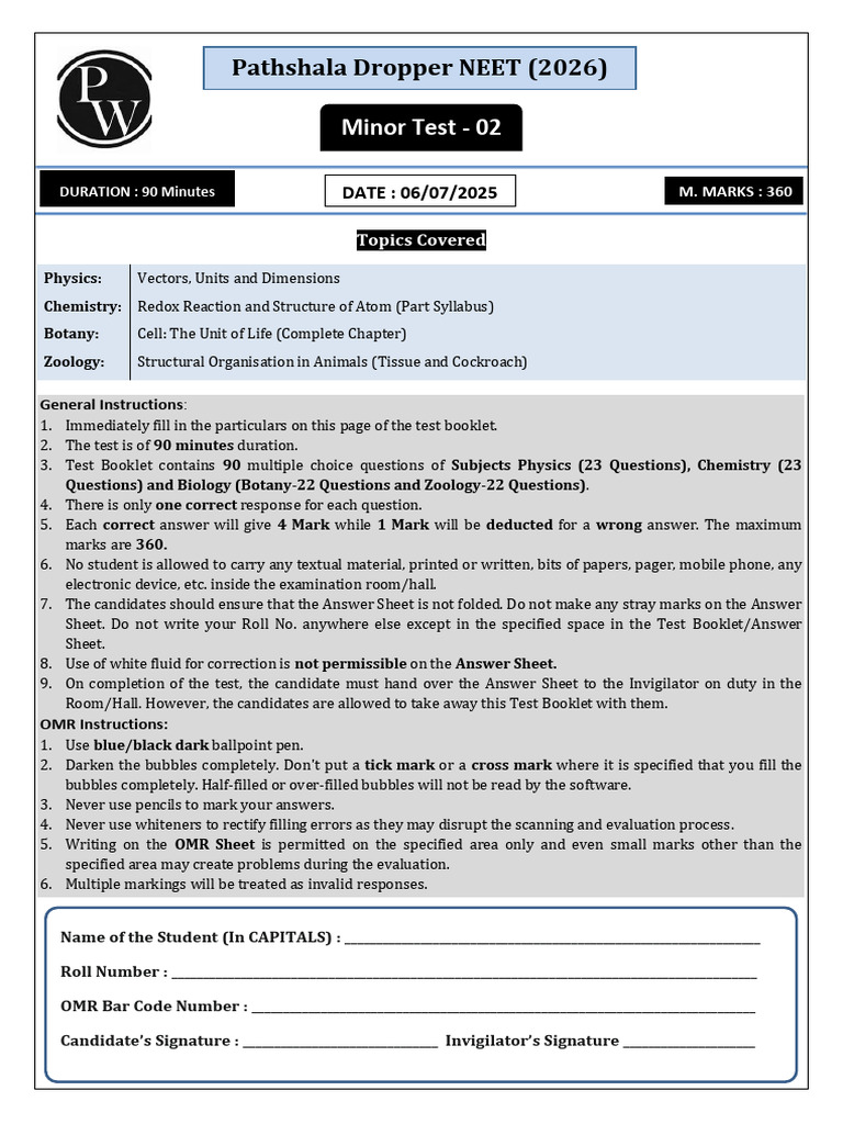 Minor Test - 02 : Test Paper | PDF | Cell (Biology) | Cytoplasm