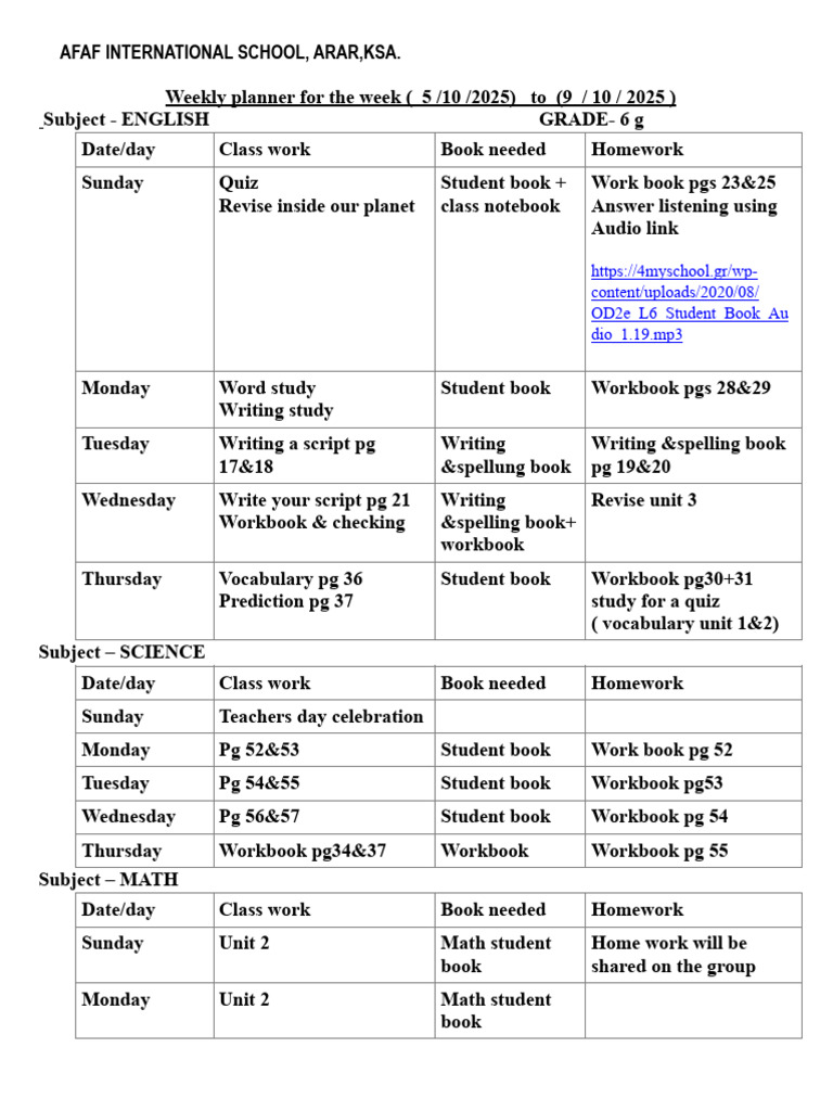 Weekly Planner for Grade 6 Subjects | PDF | Linguistics