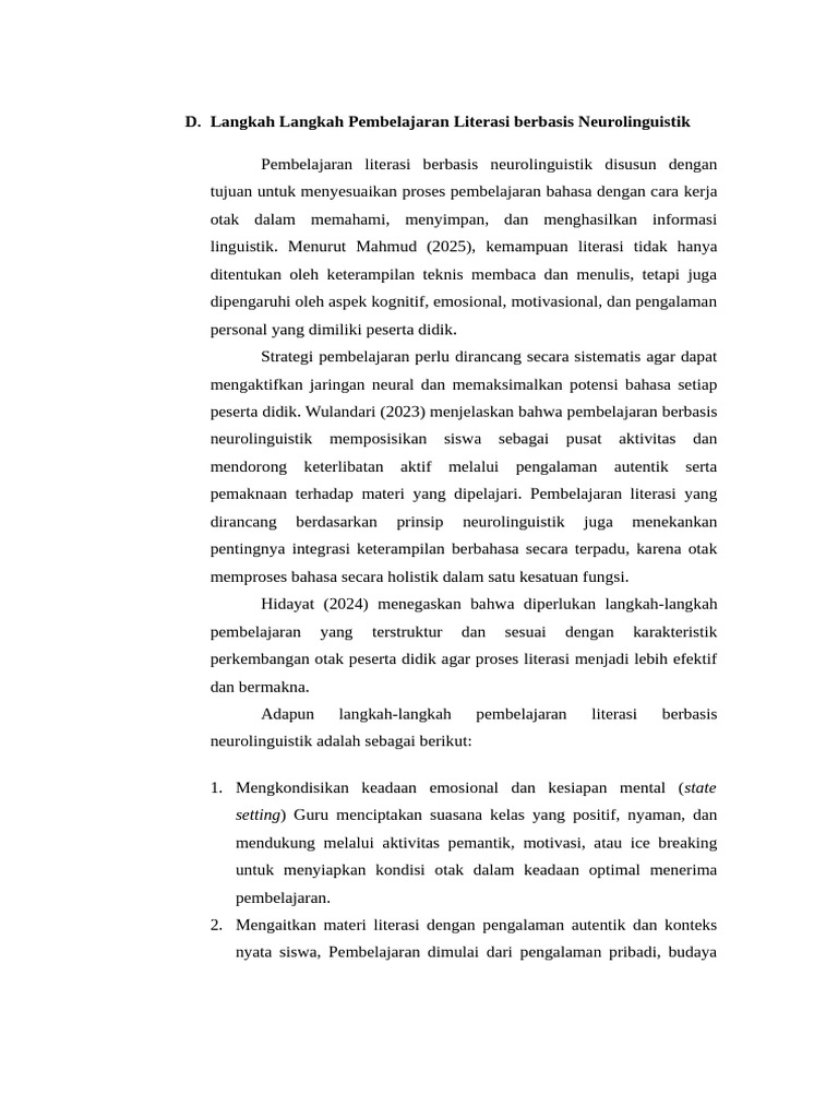 Langkah Pembelajaran Literasi Neurolinguistik | PDF