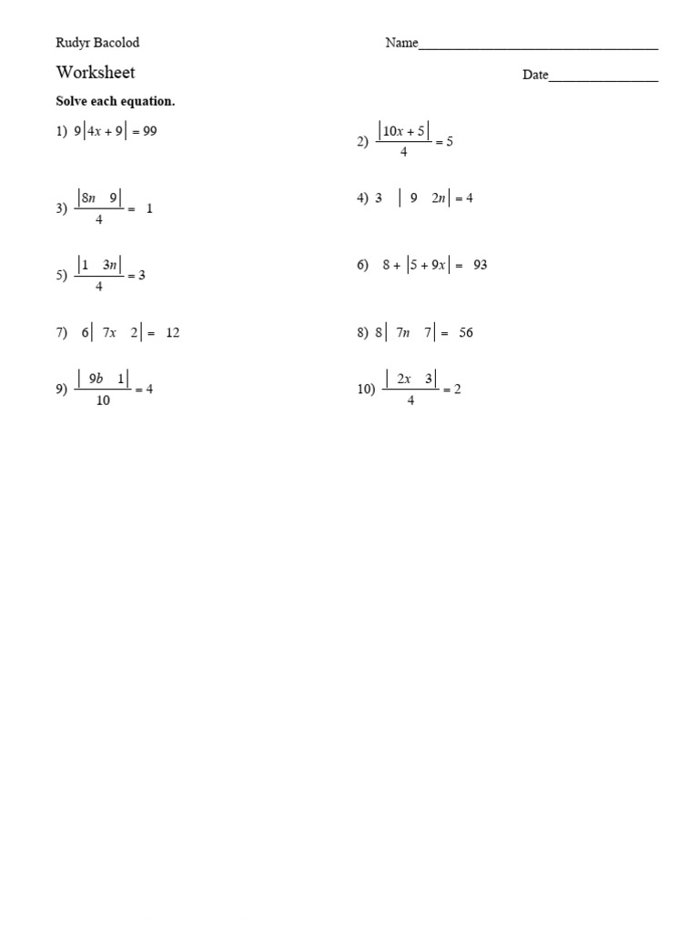Solving Absolute Value Equations Worksheet | PDF | Mathematical Objects ...
