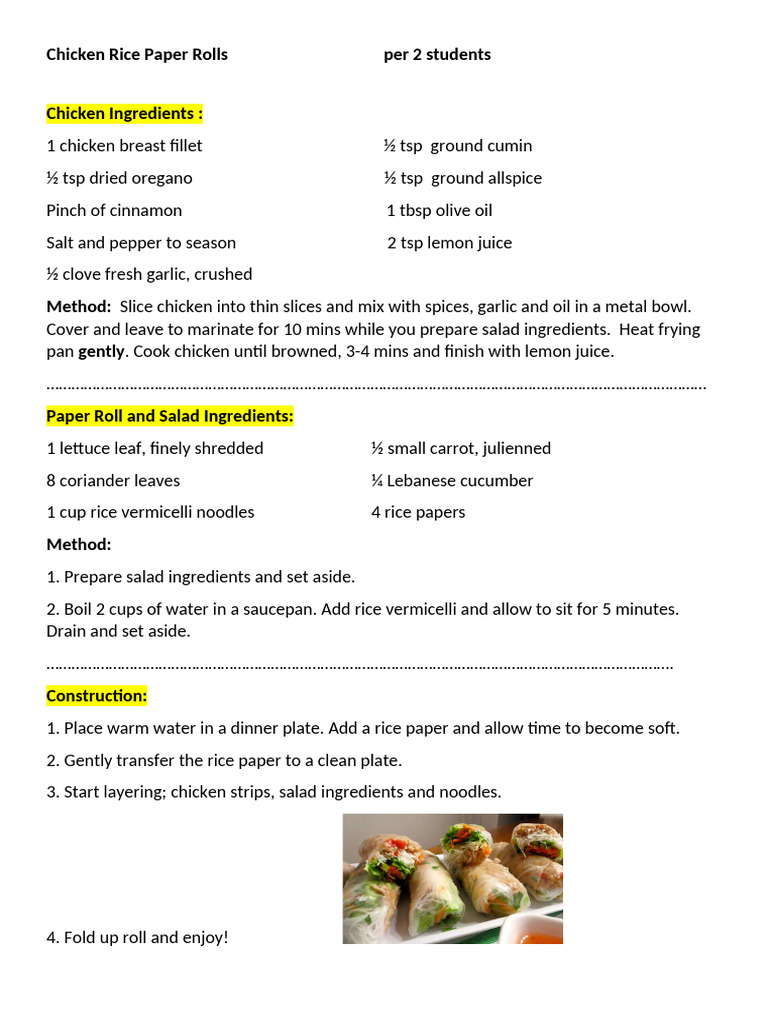 Chicken Rice Paper Rolls | PDF