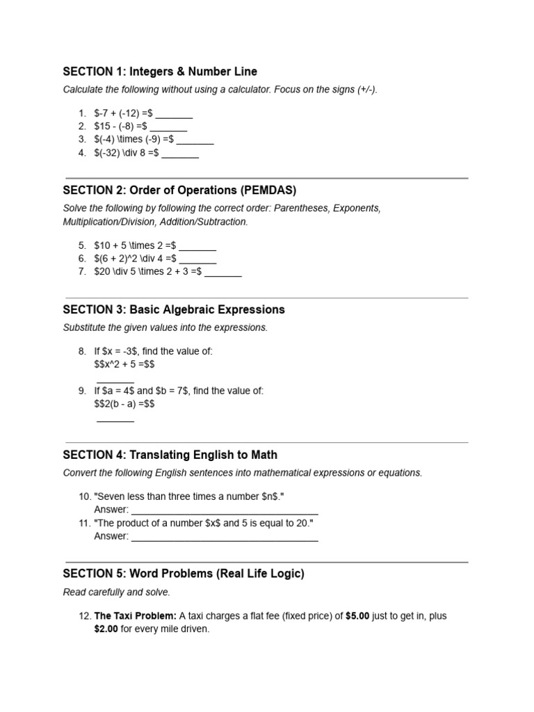 Math Practice Test: Integers to Word Problems | PDF