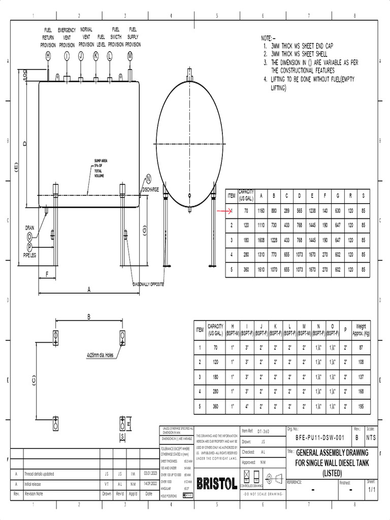 70gal - UL Listed Single Wall Tank General Assembly Drawing | PDF