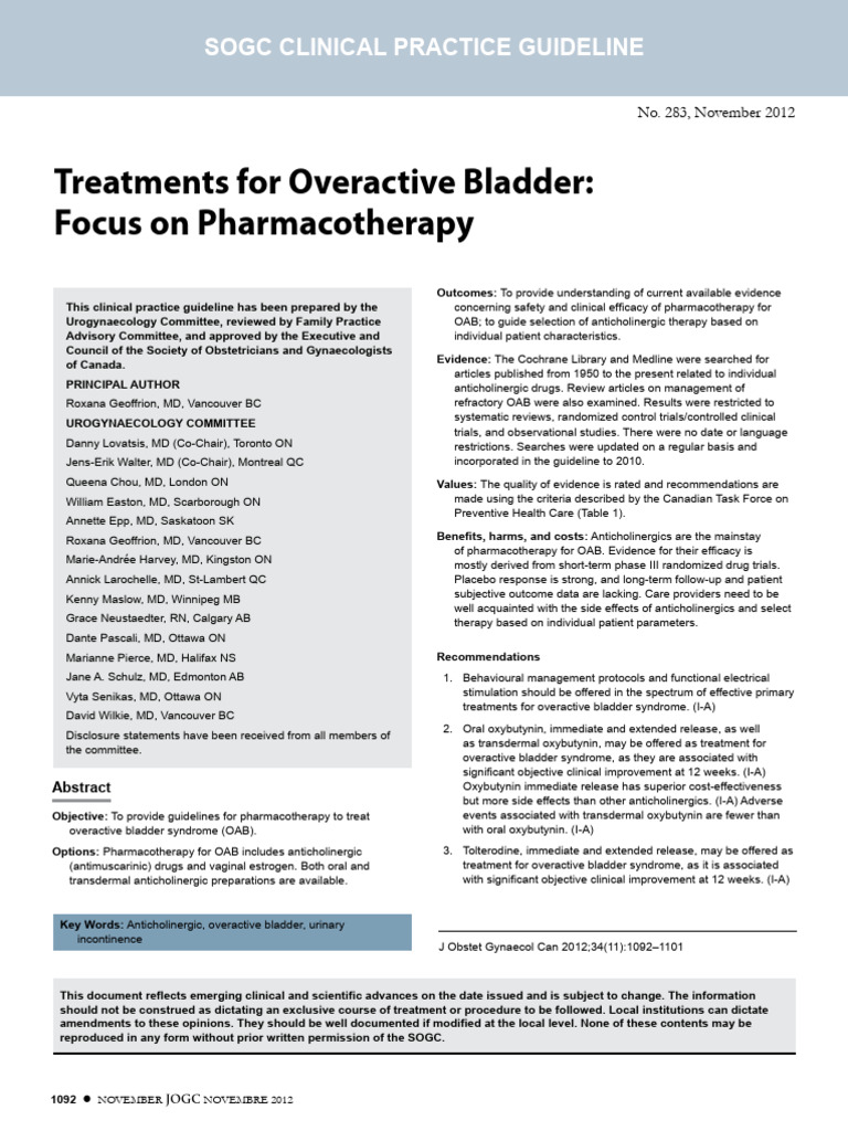 Overactive Bladder Pharmacotherapy Guide | PDF | Urinary Incontinence ...