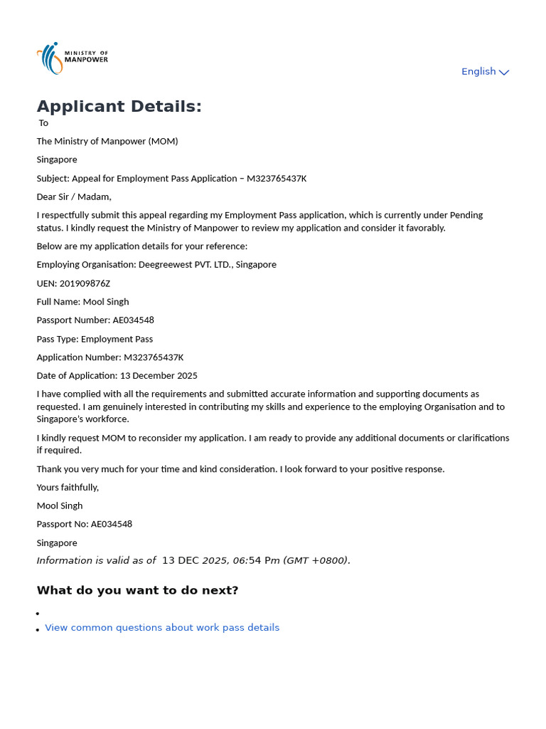 Employment Pass Appeal to MOM Singapore | PDF