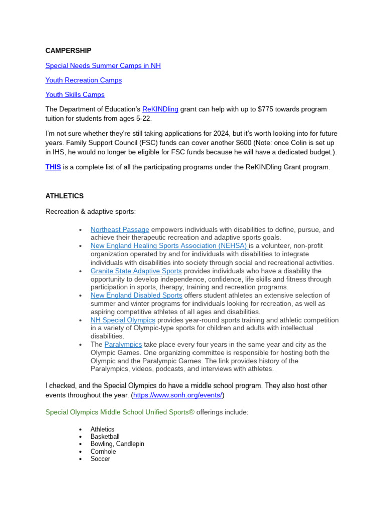 Special Needs Camps and Resources in NH | PDF | Paralympic Games ...