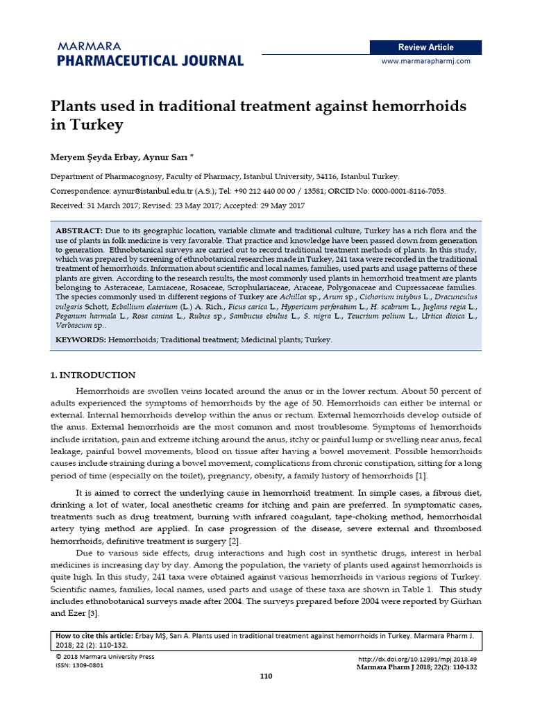 Plants Used in Traditional Treatment Against Hemorrhoids in Turkey ...