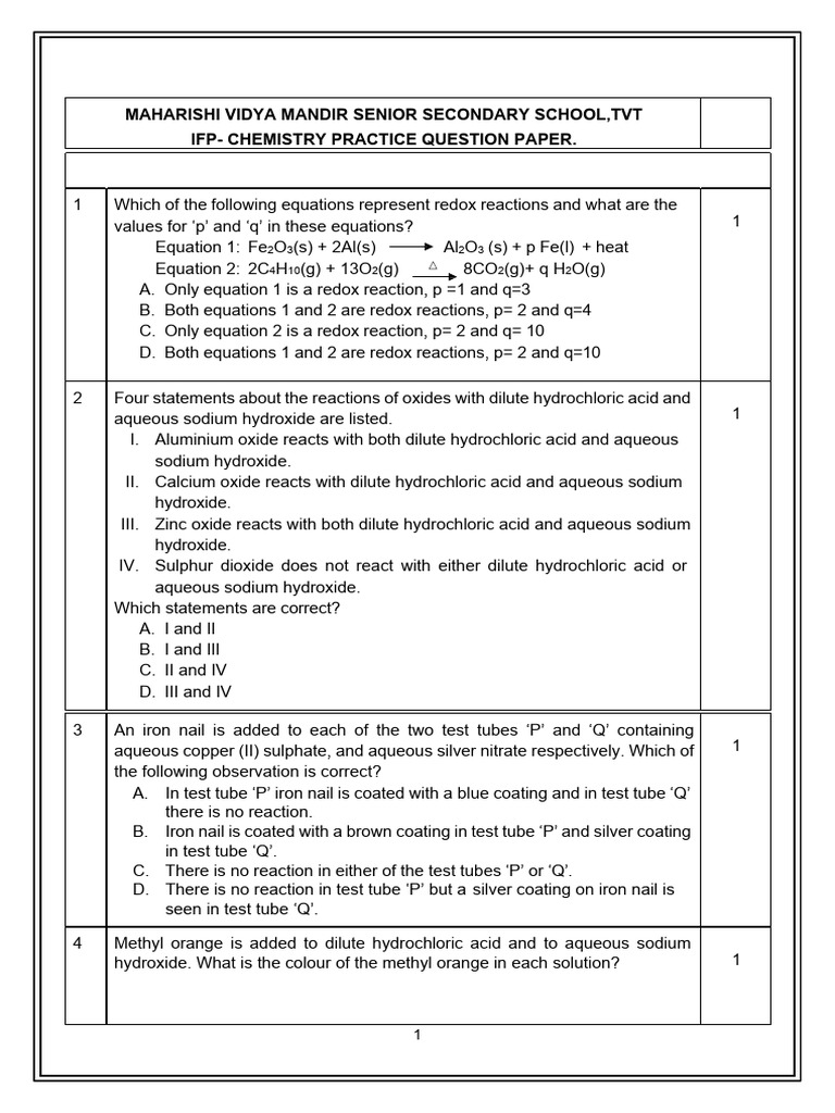 Chemistry Practice Questions for Students | PDF | Solubility | Hydroxide