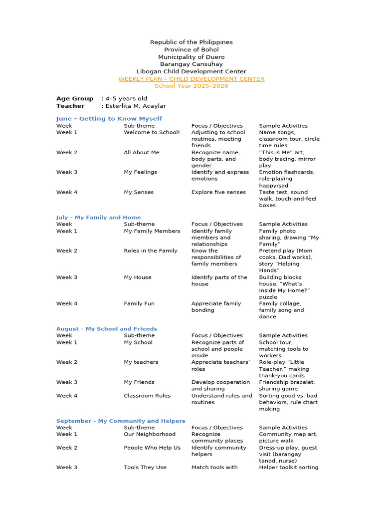 Weekly Child Development Plan 2025-2026 | PDF | Christmas