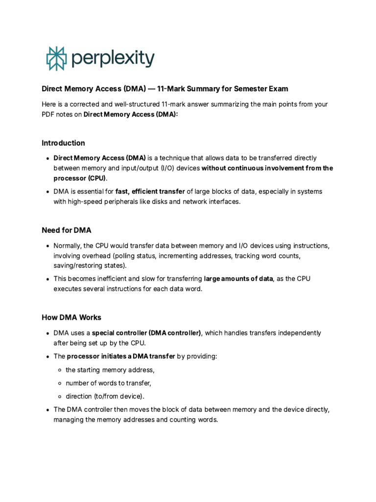 Direct Memory Access (DMA) — 11-Mark Summary for S | PDF | Input/Output ...