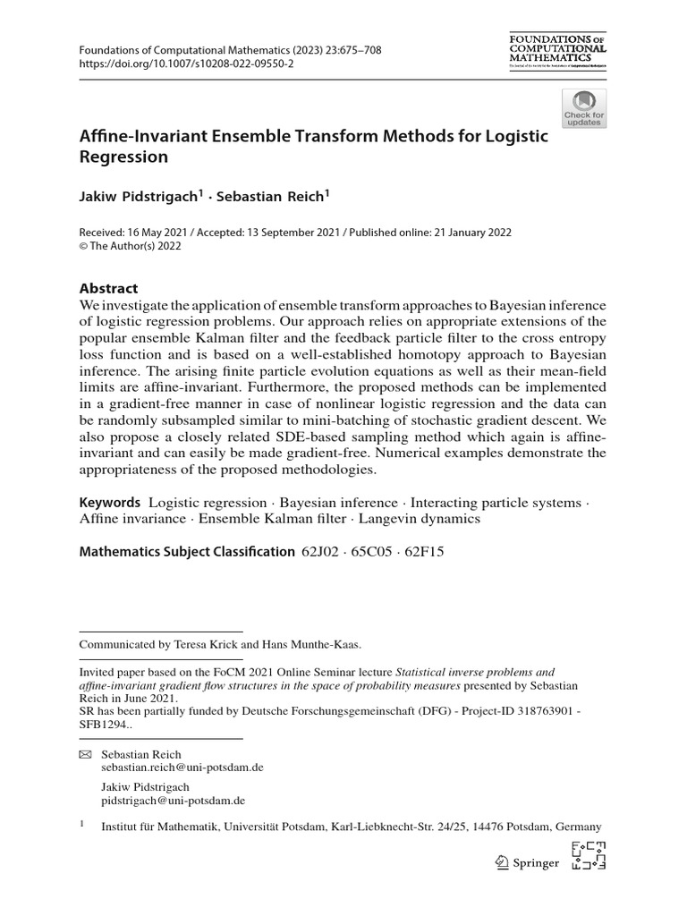 Affine-Invariant Ensemble Transform Methods For Logistic Regression | PDF