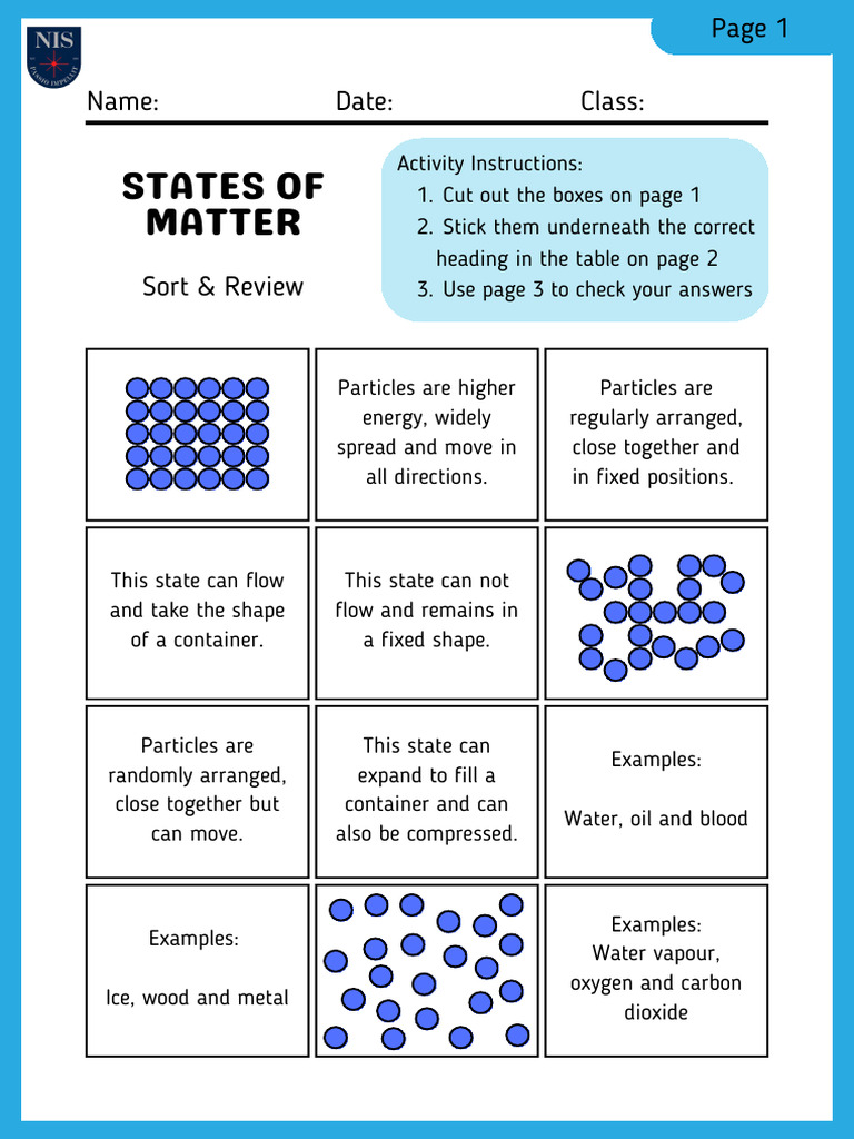 States of Matter (Solid, Liquid and Gas) Activity Worksheet in Blue ...