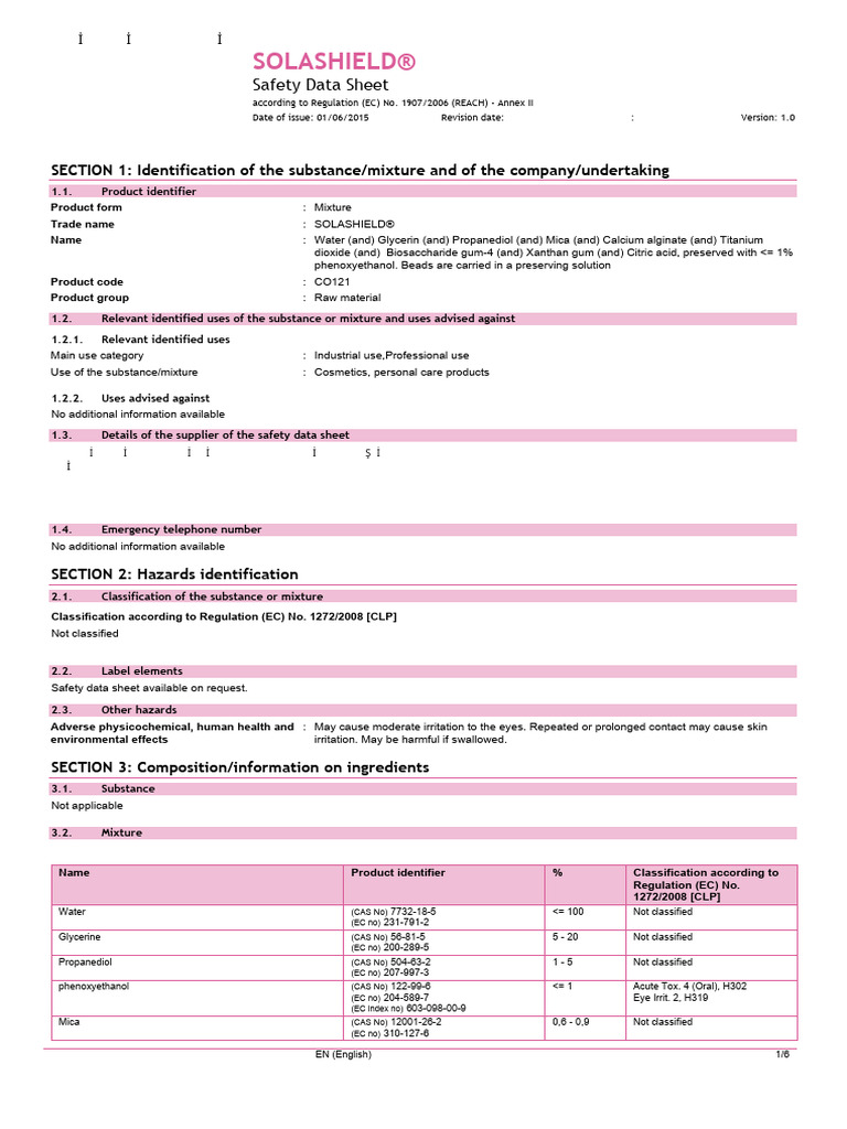 Solashield Safety Data Sheet | PDF | Chemical Substances | Chemistry
