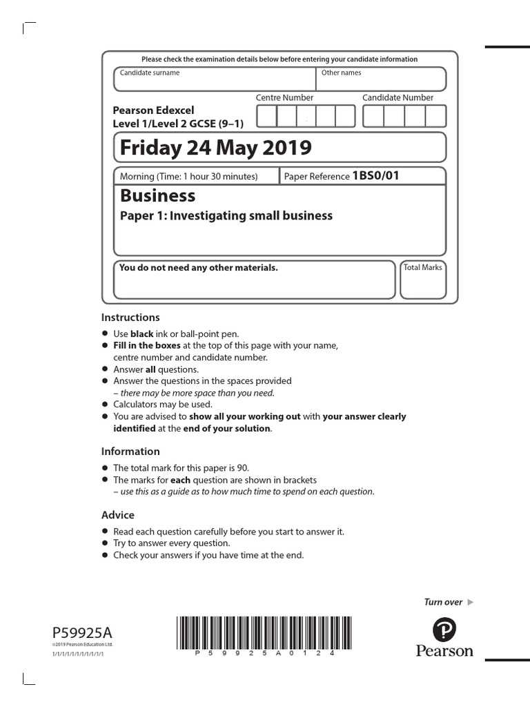1bs0 01 May 2019 p'Aper 1 Qp Edexcel Gcse Business | PDF | Currency ...