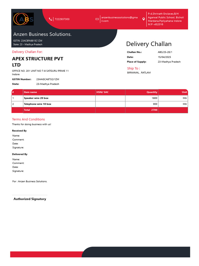APEX Delivery Challan - ABS 25-26 1-15-04 - 25 | PDF