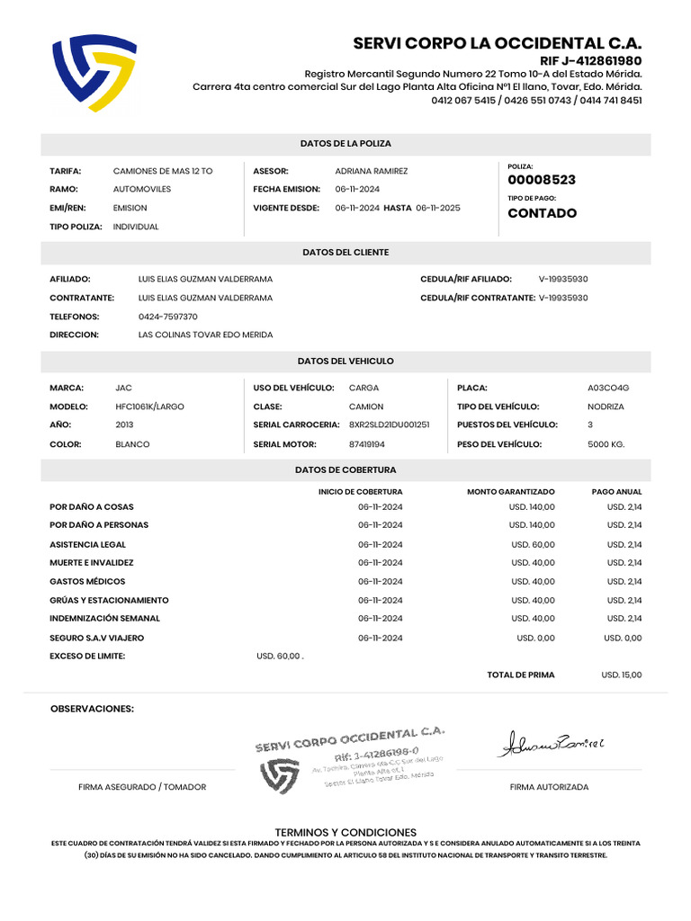 POLIZA8523_241106_120455 | PDF | Póliza de seguros | Vehículo de motor