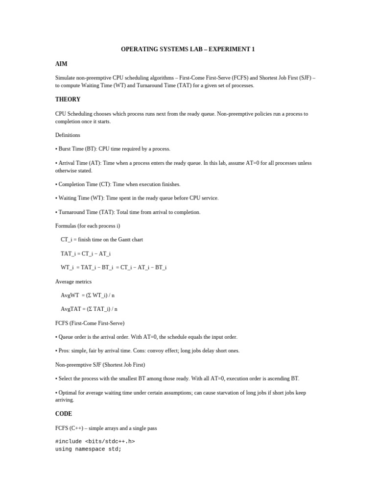 OS Lab Experiment 1 FCFS SJF | PDF