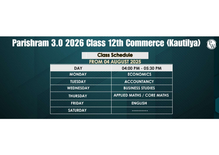 Class Schedule Parishram 3.0 2026 Class 12th Commerce (Kautilya) PDF | PDF