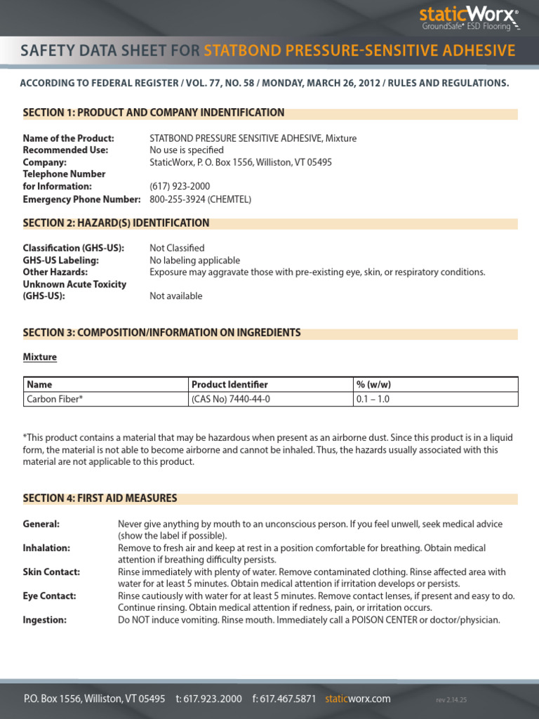 Safety Data Sheet for Statbond Adhesive | PDF | Personal Protective ...