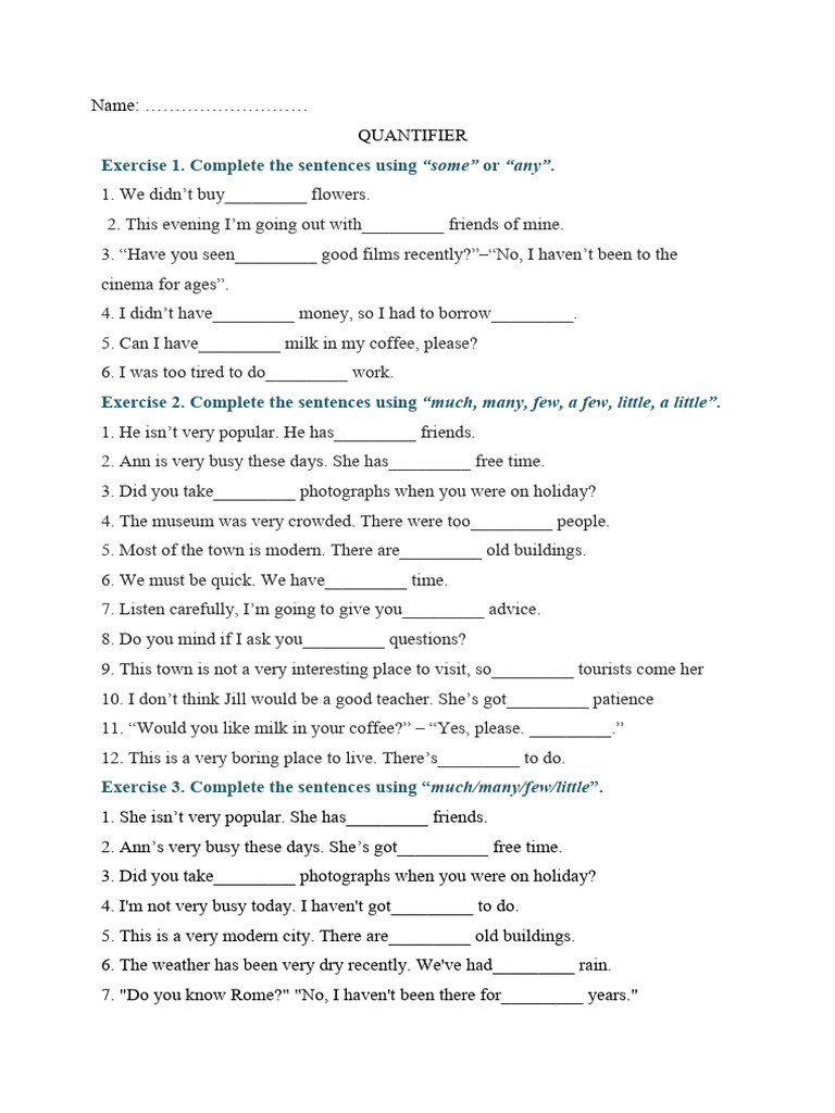 Quantifiers Worksheet | PDF