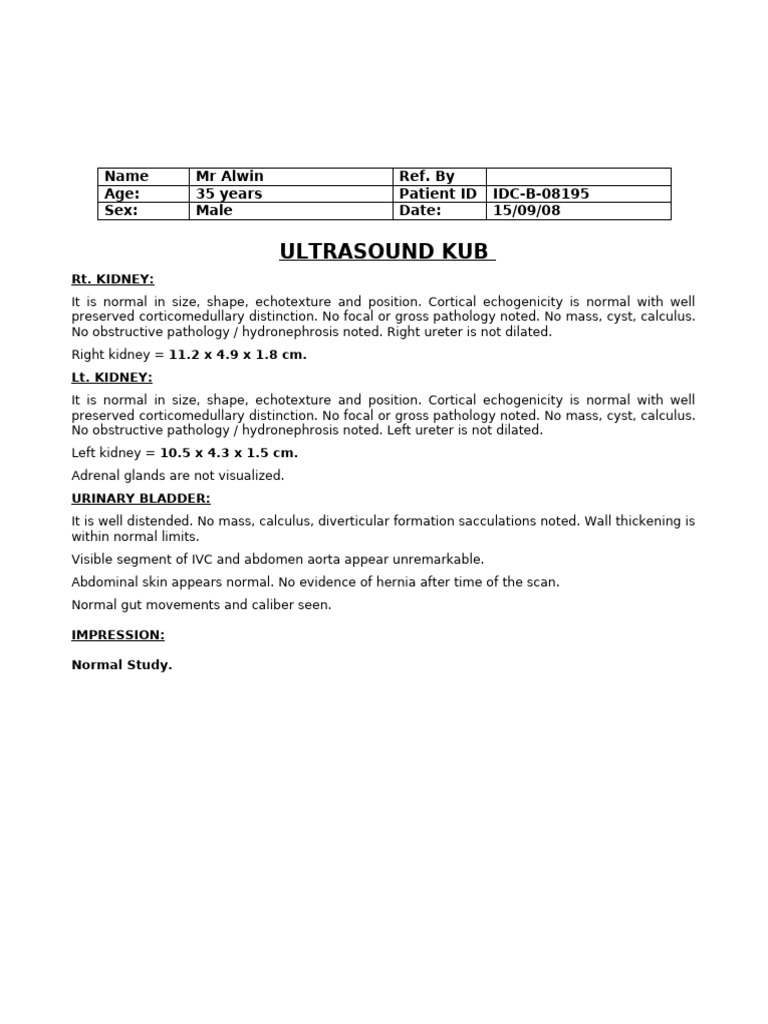 Normal Ultrasound KUB Report Summary | PDF