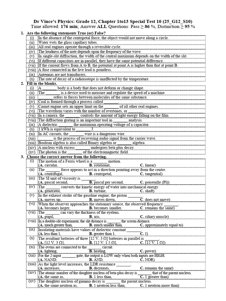 Grade 12 Physics Special Test Guide | PDF | Capacitor | Acceleration