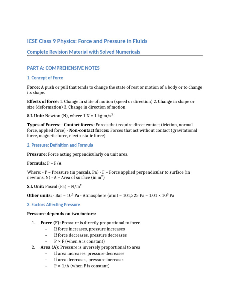 ICSE Force Pressure Physics | PDF | Buoyancy | Pressure
