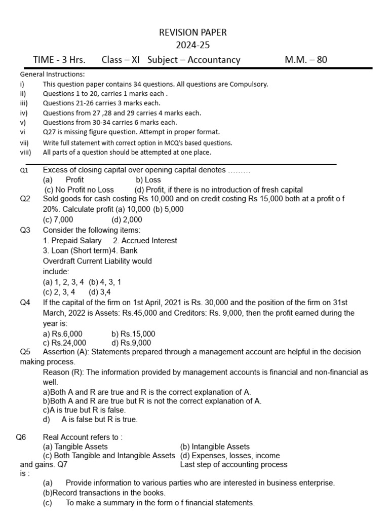 Class XI Accountancy Revision Paper 2024-25 | PDF | Expense | Debits ...